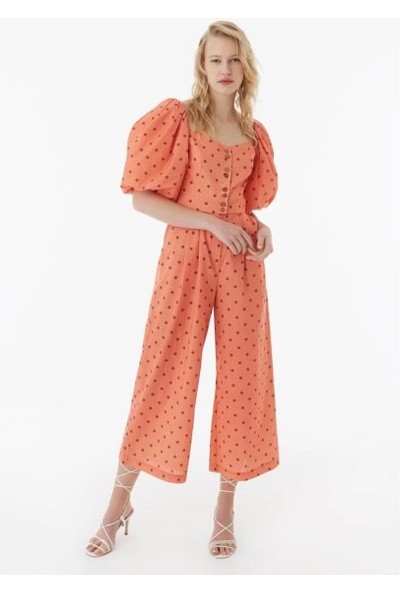 Exquise Exquise-Balon Kol Önden Düğmeli Puantiye Desen Tulum Turuncu