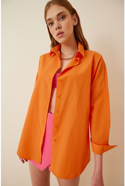 Loveofzi Kadın Turuncu Oversize Uzun Basic Gömlek