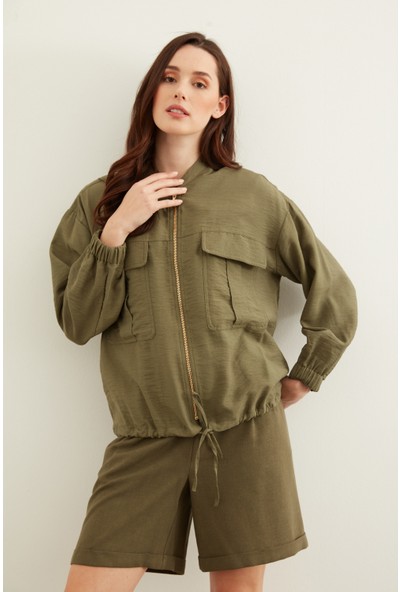 Önü Fermuarlı Mont - Haki