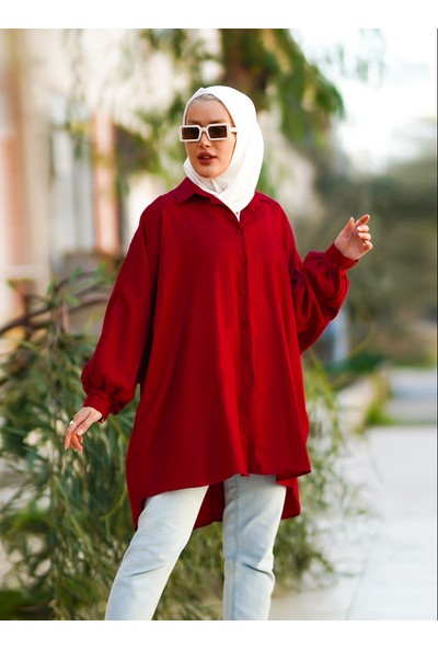 Por La Cara Yarasa Kol Salaş Gömlek Tunik - Bordo - Por La Cara