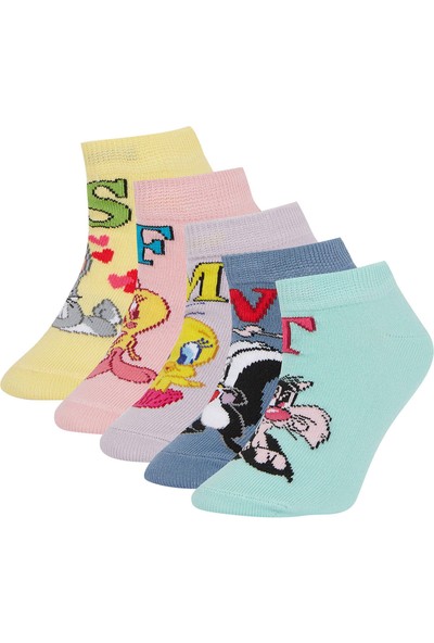 DeFacto Kız Çocuk Looney Tunes Lisanslı Pamuklu 5'li Kısa Çorap X2208A6NS