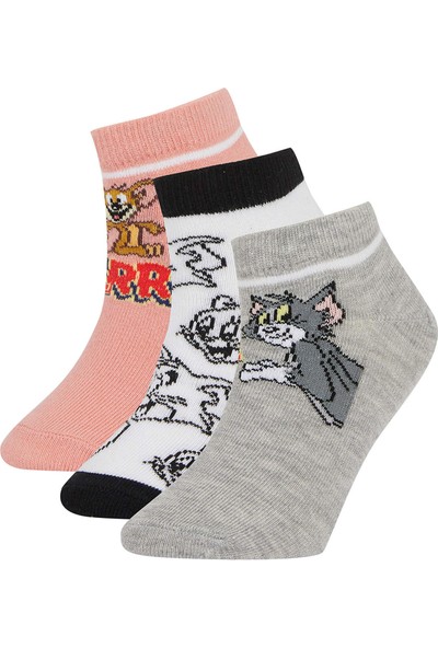 DeFacto Kız Çocuk Tom & Jerry Lisanslı Pamuklu 3'lü Kısa Çorap X2195A6NS