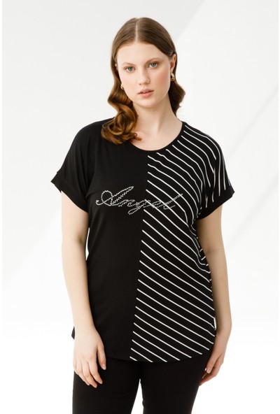 On Sıfır Yaka Çizgi Desenli Bluz