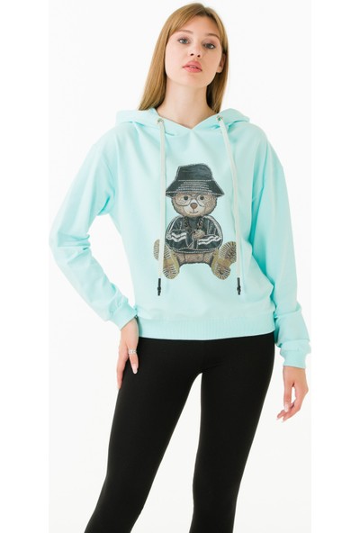 Sogo Ayı Baskılı Kapsonlu Sweatshirt