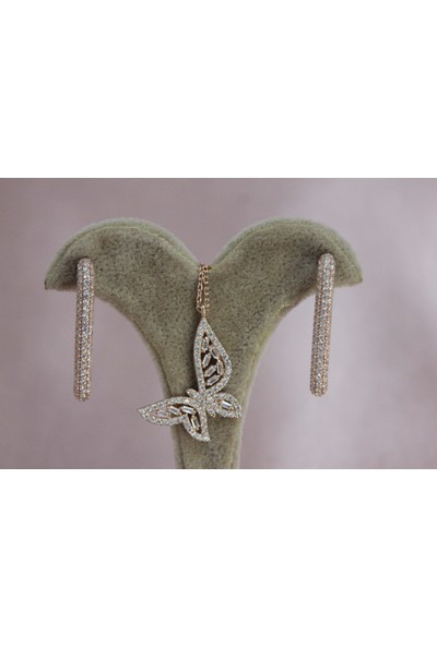 925 Ayar Gümüş Zirkon Taşlı Kelebek Kolye Küpe Set