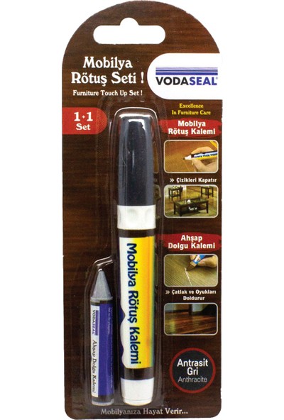 Vodaseal Mobilya Rötuş Ahşap Dolgu Kalemi Seti Çizikleri Kapatır 1+1 Set Antrasit Gri Vodaseal Mobilya Rötuş Ahşap Dolgu Kalemi Seti Çizikleri Kapatır 1+1 Set Antrasit Gri