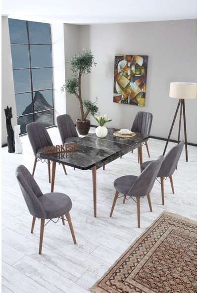 Morkese Alive Serisi Siyah Mermer Gold 6 Sandelyeli Açılabilir Yemek ve Mutfak Masa Takımı - Gri Morkese Alive Serisi Siyah Mermer Gold 6 Sandelyeli Açılabilir Yemek ve Mutfak Masa Takımı - Gri