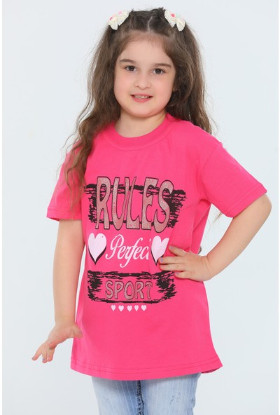 Julude Pembe Kız Çocuk Likralı Bisiklet Yaka Baskılı T-Shirt