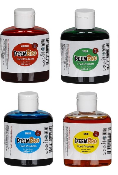Deembro Sıvı Gıda Boyası Büyük Boy Mavi Kırmızı Sarı Yeşil Renkler 100 Ml*4 Toplam 400 ml