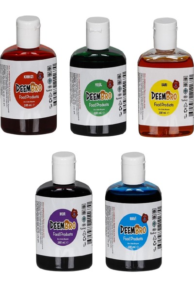 Deembro Sıvı Gıda Boyası Büyük Boy Mavi Kırmızı Sarı Yeşil Mor Renkler 100 Ml*5 Toplam 500 ml
