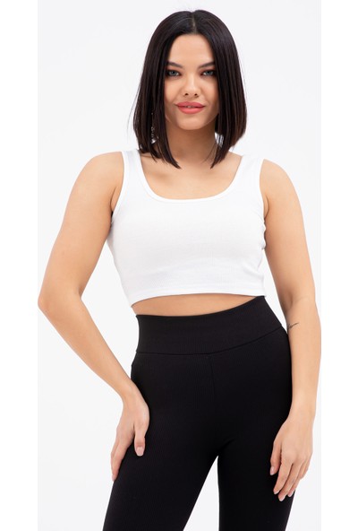 Ekru Renk Fitilli Günlük Giyime Uygun Şık Rahat Crop Bluz %100 Cotton