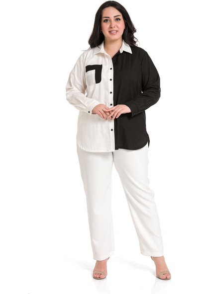 Disentis Modest Büyük Beden Katlamalı Kollu Cep Detaylı Asimetrik Siyah Beyaz Gömlek Disentis Modest Büyük Beden Katlamalı Kollu Cep Detaylı Asimetrik Siyah Beyaz Gömlek