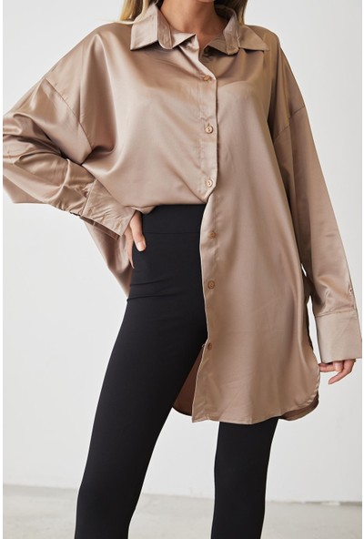 Miostil Oversize Saten Gömlek-Açık Bej