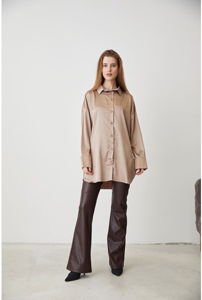 Miostil Oversize Saten Gömlek-Toprak