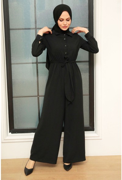 Neva Style Düğmeli Siyah Tesettür Tulum 5703s Neva Style Düğmeli Siyah Tesettür Tulum 5703s