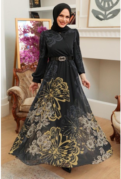 Neva Style Kelebek Desenli Siyah Tesettür Elbise 3463s