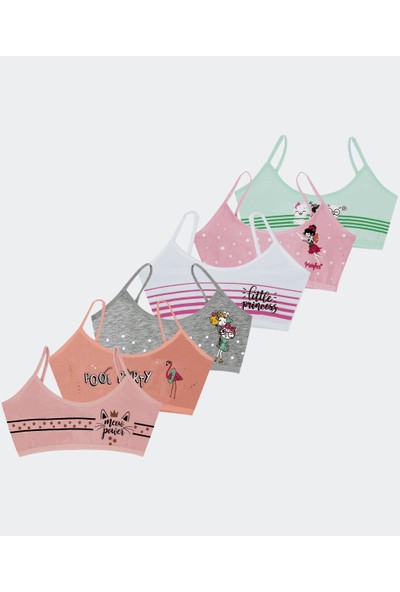 Öts Kız Çocuk Renkli Baskılı 6'lı Pedsiz Pamuklu Likralı Yarım Atlet Alıştırma Sütyeni