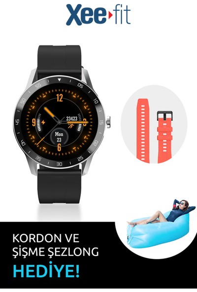 Dokunmatik Ekran Xee Fit 9 Farklı Spor Modu Smart Akıllı Kol Saati+ Turuncu Kordon ve Şişme Şezlong Hediyeli