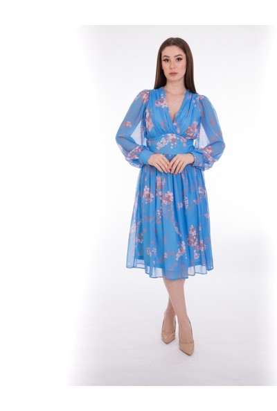 Defile Lüx Kruvazeyaka Çiçek Baskılı Şifon Elbise Indigo - Patern Serisi Defile Lüx Kruvazeyaka Çiçek Baskılı Şifon Elbise Indigo - Patern Serisi