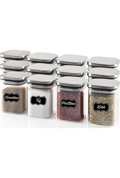 Mama Camilla Etiketli 12 Parça 200 ml Borosilikat Cam Metal Kare Kapaklı Baharatlık Saklama Kavanoz Vakumlu Mama Camilla Etiketli 12 Parça 200 ml Borosilikat Cam Metal Kare Kapaklı Baharatlık Saklama Kavanoz Vakumlu
