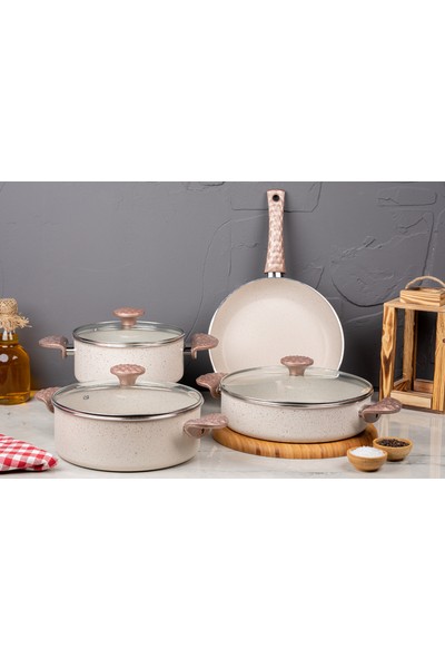 Meşeler Granit Tencere Seti 7 Parça Krem