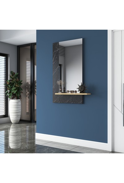 Rani P13 Dekoratif Ayna Raflı Duvar Aynası Mermer Desenli - Keçe Ceviz