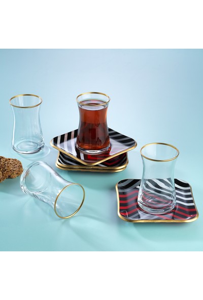 Schafer Print 8 Parca Cay Seti - Siyah