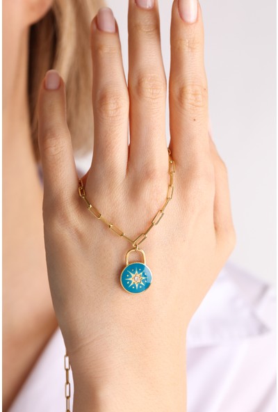 Cakan Jewelry Yaldızlı Kilit Mineli Gümüş Kolye