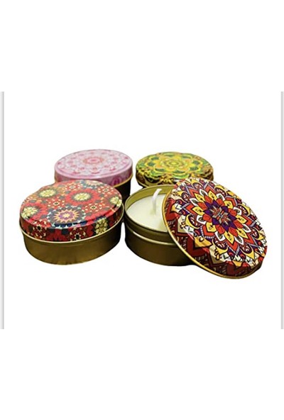 EKS Ticaret Nicea Decor Soya Mum, Karışık Mandala Desenli 4'lü Set, Metal Kutuda Kokulu Mum EKS Ticaret Nicea Decor Soya Mum, Karışık Mandala Desenli 4'lü Set, Metal Kutuda Kokulu Mum