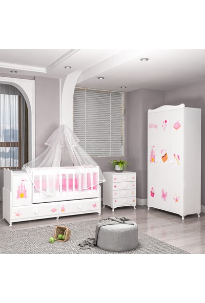 Garaj Home Pırlanta Yıldız 3lü Prenses Bebek Odası Takımı - Kombinli-Uyku Seti-Krem