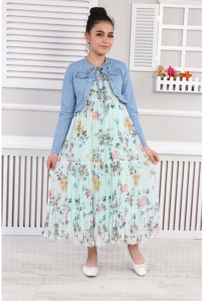 Asortix Kız Çocuk Şifon Kolsuz Tensel Kot Bolerolu Astarlı Elbise Asortix Kız Çocuk Şifon Kolsuz Tensel Kot Bolerolu Astarlı Elbise