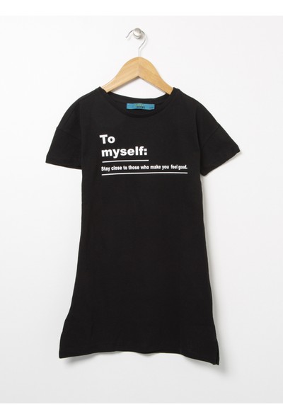 Funky Rocks Siyah Bisiklet Yaka Diz Üstü Standart Fit Baskılı Kız Çocuk Elbise