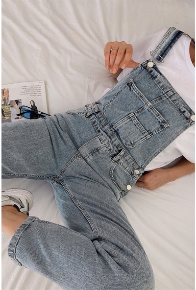 MyLove Yıkamalı Salopet Tulum Mavi