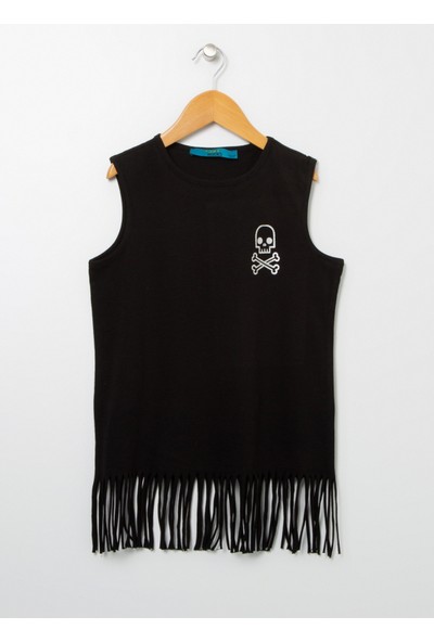 Funky Rocks Bisiklet Yaka Standart Kalıp Baskılı Siyah Kız Çocuk Atlet - Drg-35