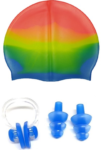 Silikon G-1100 Gökkuşağı Çocuk ve Yetişkin Yüzücü Deniz Havuz Bonesi + Kulak Burun Tıkacı