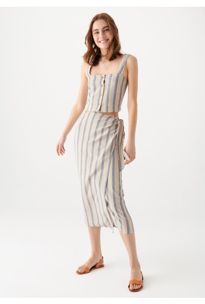 Mavi Kruvaze Çizgili Etek