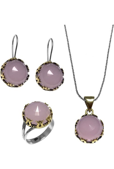 Midyat Gümüş Dünyası Kadın Pembe Otantik Gümüş Üçlü Set Kuvars Taşlı (Kod 2020593)