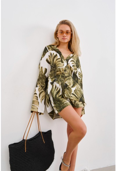 MyLove Yaprak Desenli Şort Gömlek Takım Yeşil