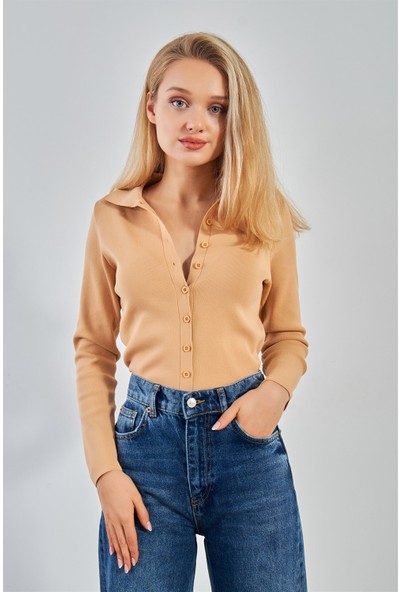 Bebe Yaka Çelik Örme Hırka Camel