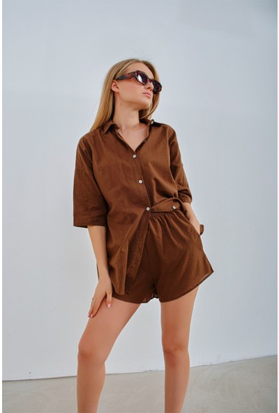 MyLove Mini Şortlu Keten Takım Kahverengi