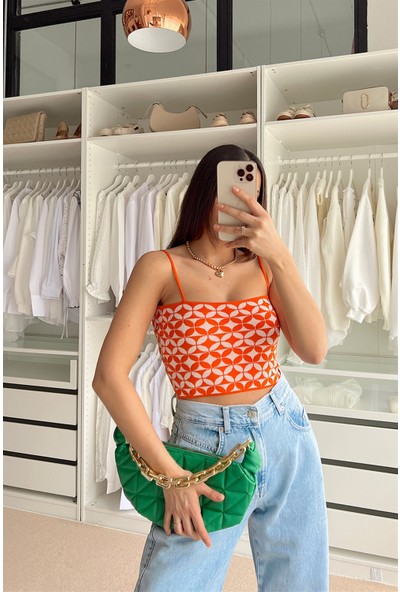 MyLove Dama Desenli Triko Top Oranj MyLove Dama Desenli Triko Top Oranj