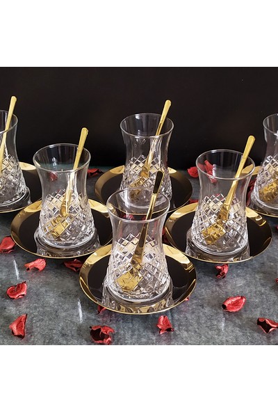 Paşabahçe Baklava Dekor Çelik Gold Tabaklı Çay Seti-18 Parça