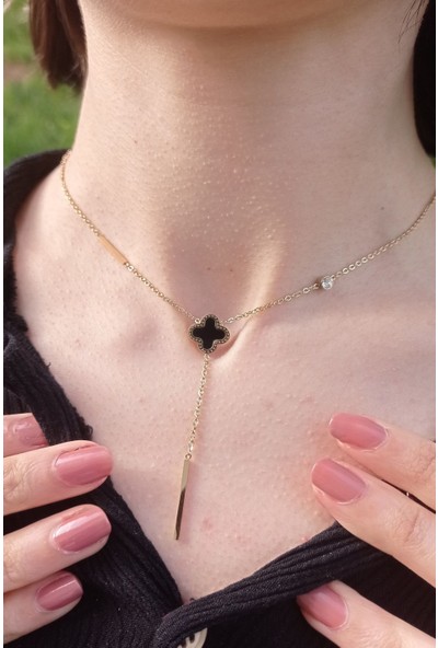 Takı Vadisi Siyah Yonca Uçlu Taşlı Çelik Kararmaz Kadın Kolye