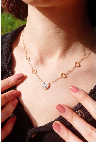 Takı Vadisi Taşlı Kalpli Çelik Kararmaz Kadın Kolye