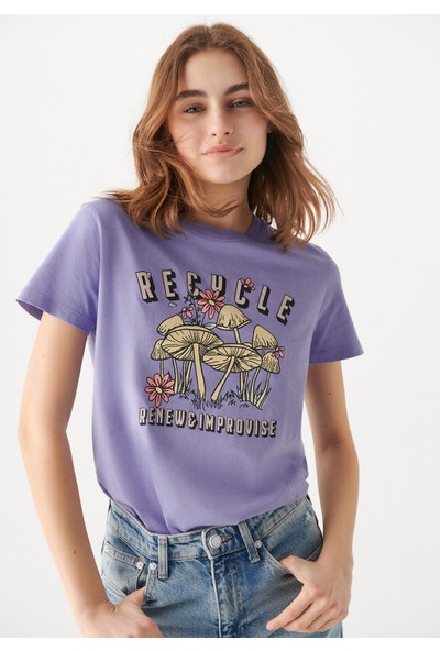 Mavi Recycle Baskılı Mor Tişört Mavi Recycle Baskılı Mor Tişört