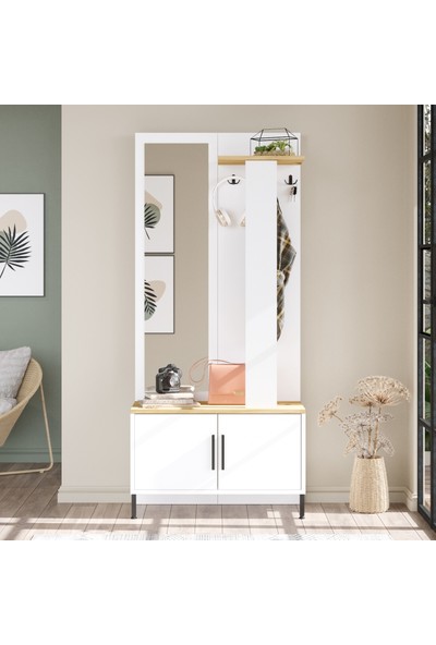 Robin Home Luna Aynalı Vestiyer Portmanto Ayakkabılık Beyaz - Keçe Robin Home Luna Aynalı Vestiyer Portmanto Ayakkabılık Beyaz - Keçe