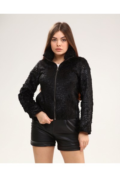 Siyah Kadın Gül Desenli Deri Mont