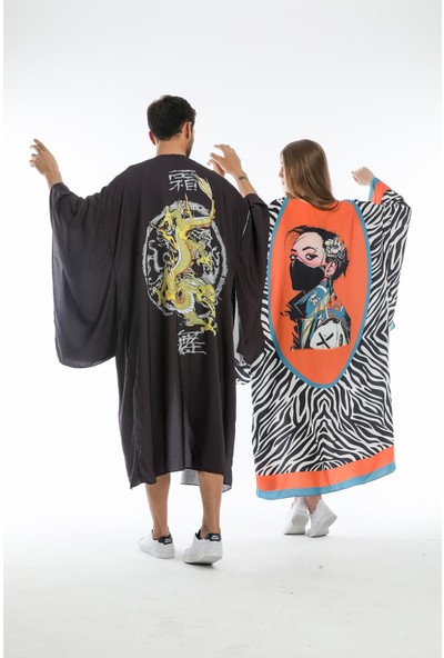 Elif Töngel Kimono Siyah Ejder Baskili Dijital Desen