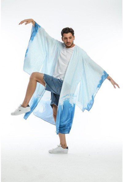 Elif Töngel Kimono Gökyüzü Mavisi Kırmızı Ejder Baskılı Dijital Desen