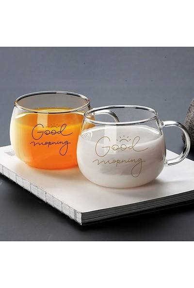 2'li Good Morning 400 ml Borosilikat Cam Kupa Bardak 2'li Good Morning 400 ml Borosilikat Cam Kupa Bardak
